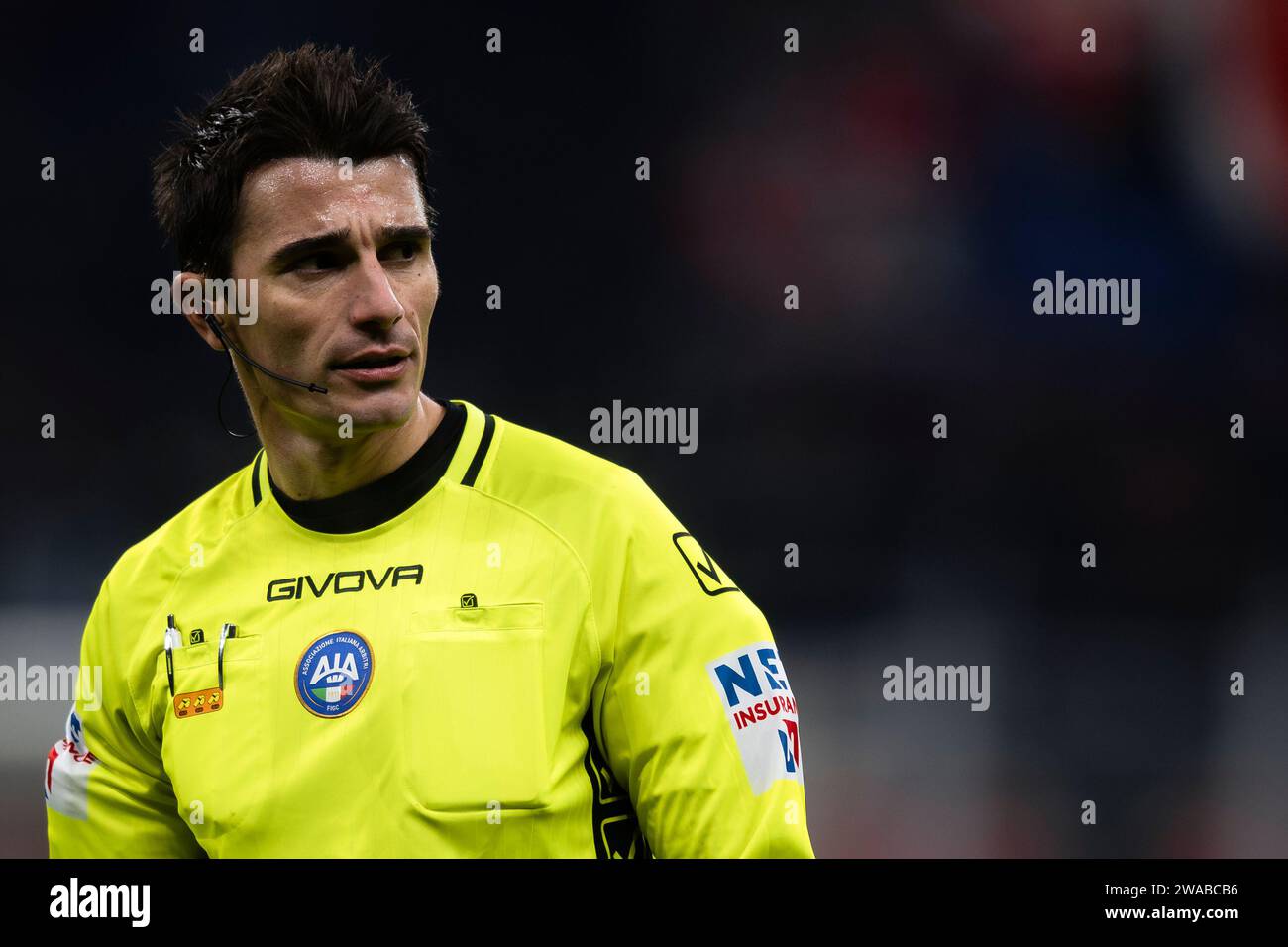 Milan, Italy. 2 January 2024. Referee Alessandro Prontera looks on ...