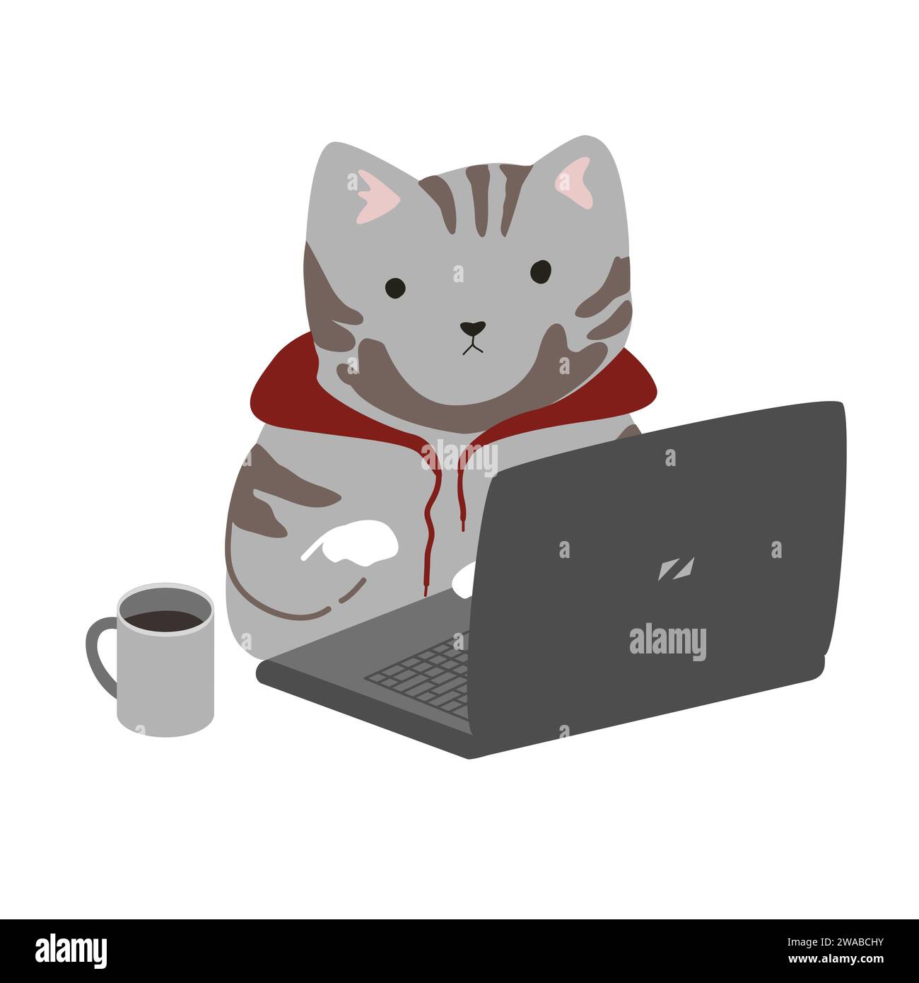 Funny programmer cat in red hoodie working at a laptop with a cup of ...