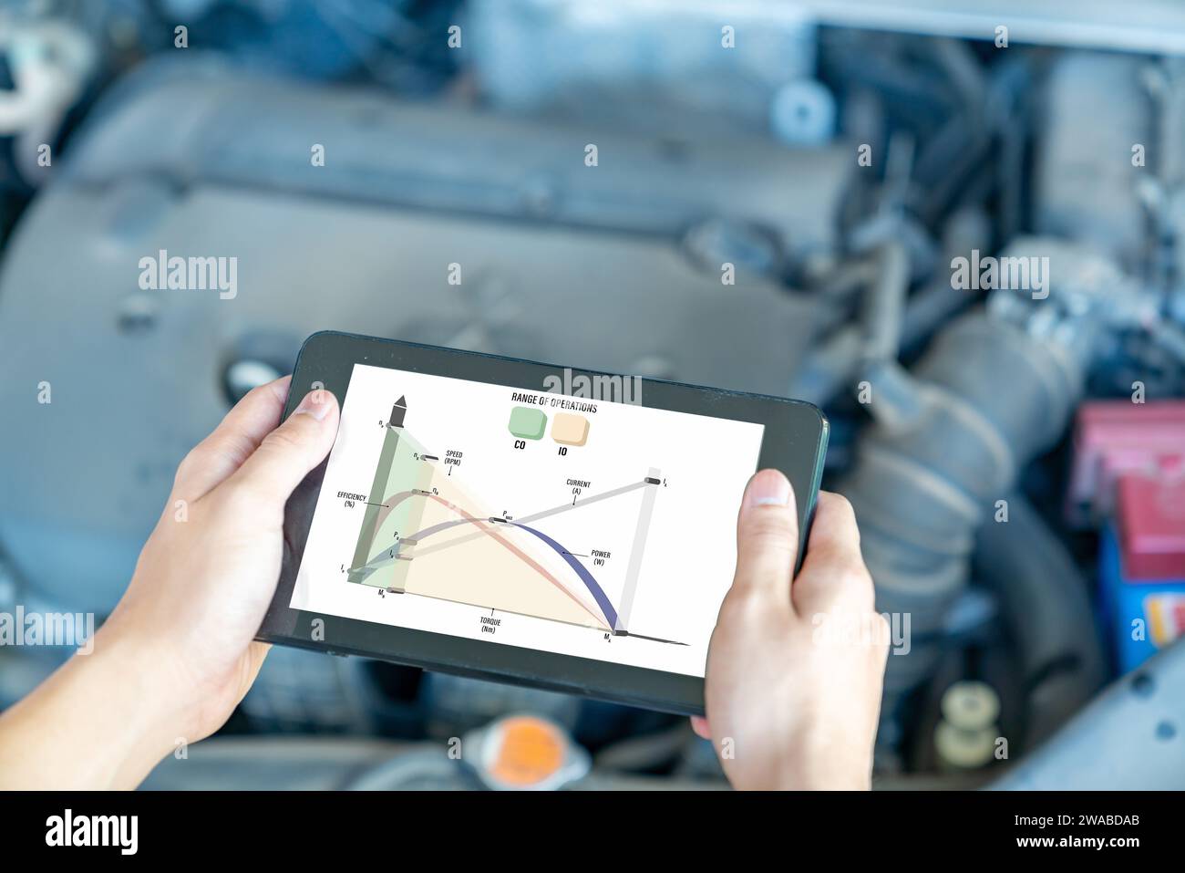 Automotive mechanic using tablet to checking engine in the engine room ...
