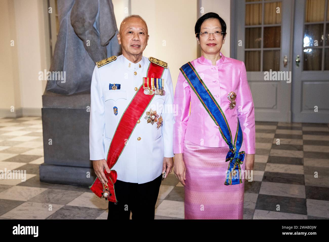 Copenhagen, Denmark. 03rd Jan, 2024. Thailand's ambassador Sirilak Niyom (R) and Theerakun Niyom ...