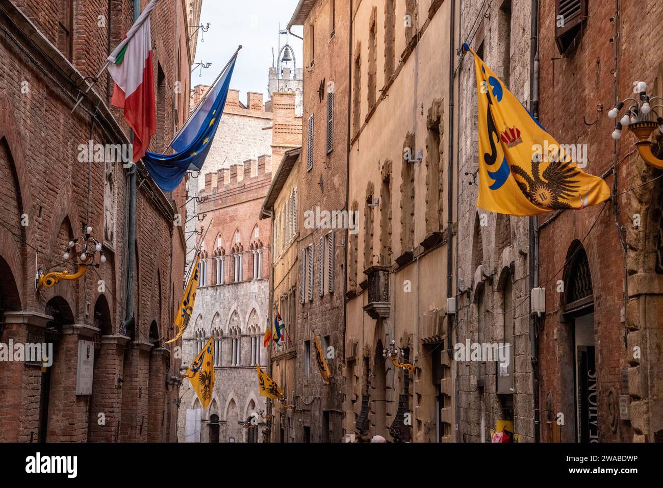 Contrade flags of the Aquila-Eagle district hanging in a street of ...