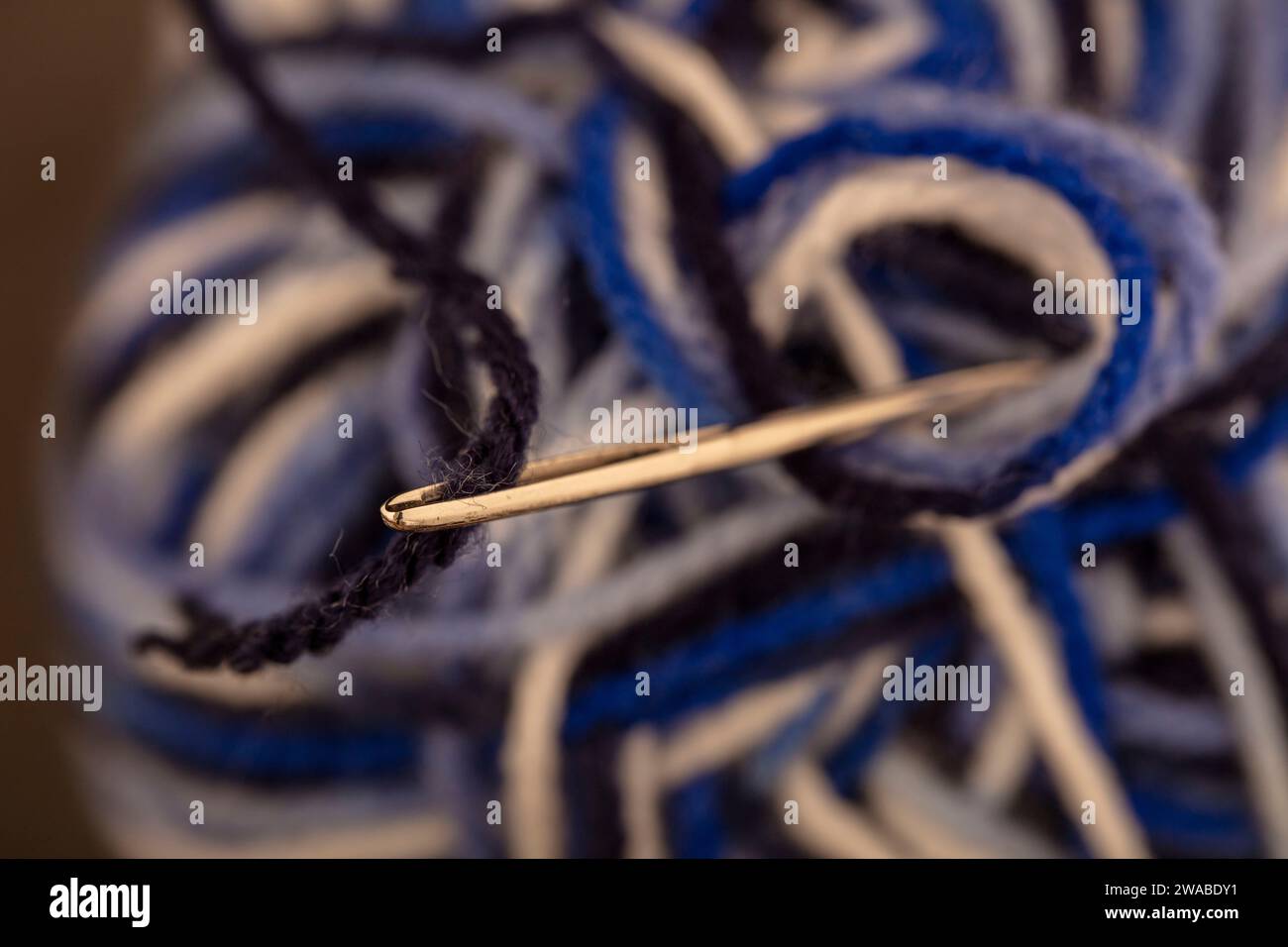 Very close up, macro, still life of colourful wood and needle, high ...