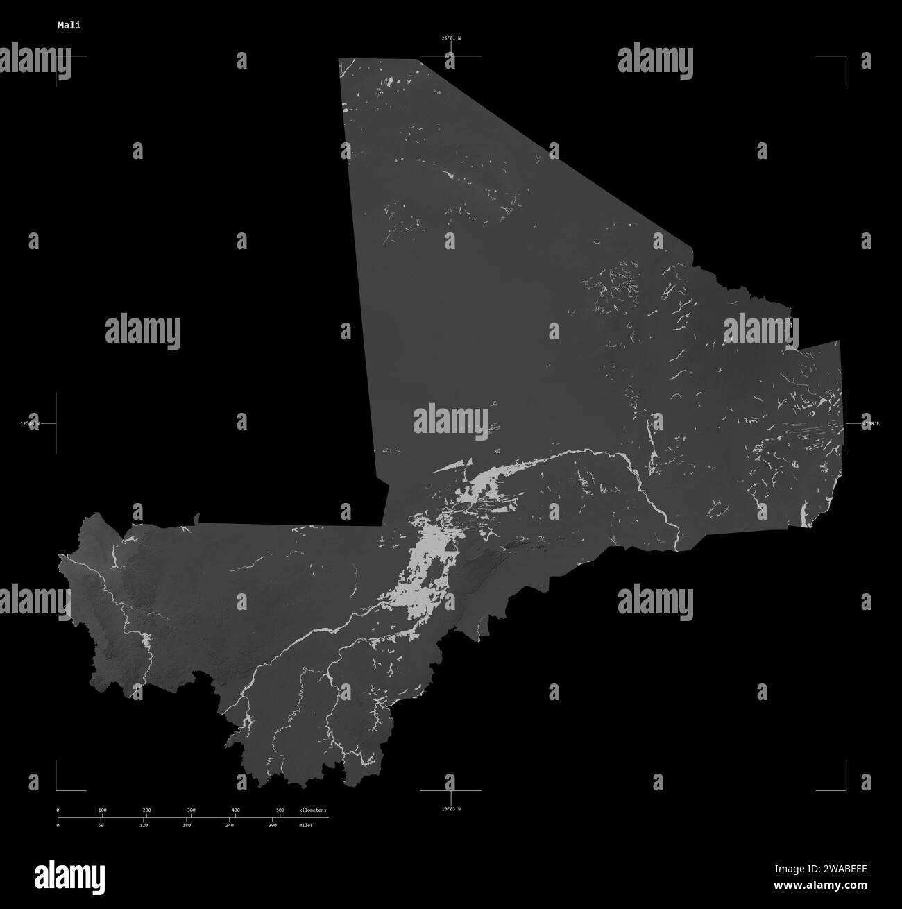 Shape of a Grayscale elevation map with lakes and rivers of the Mali ...