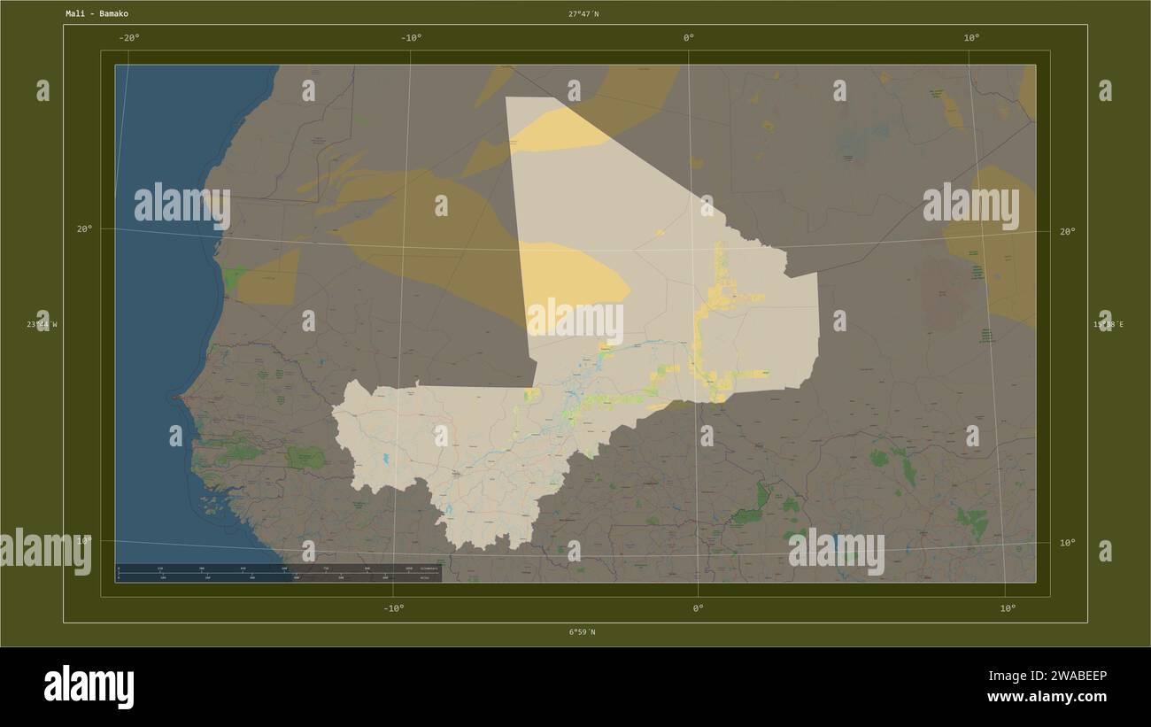 Mali highlighted on a topographic, OSM standard style map map with the ...