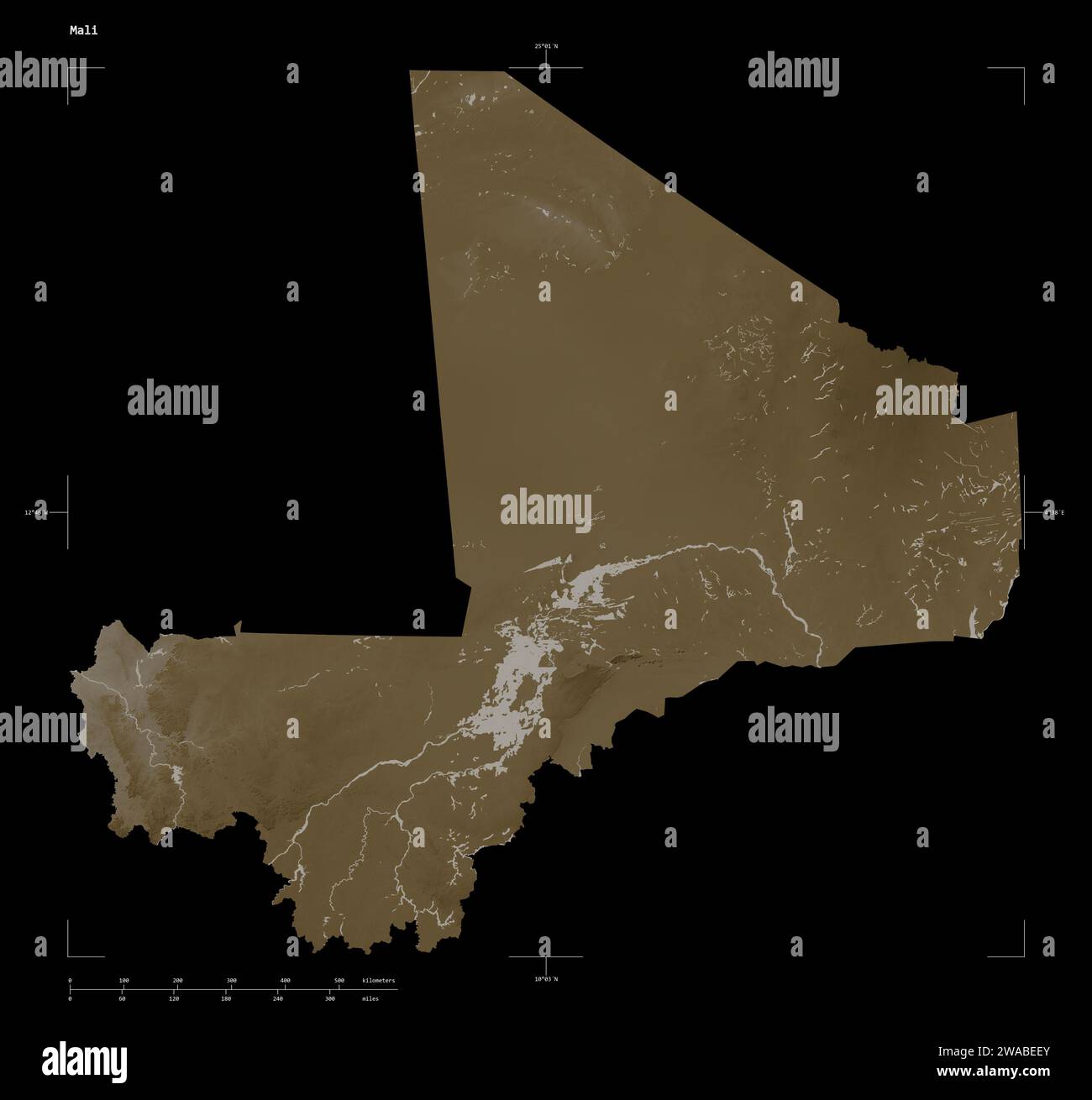Shape of a elevation map colored in sepia tones with lakes and rivers ...