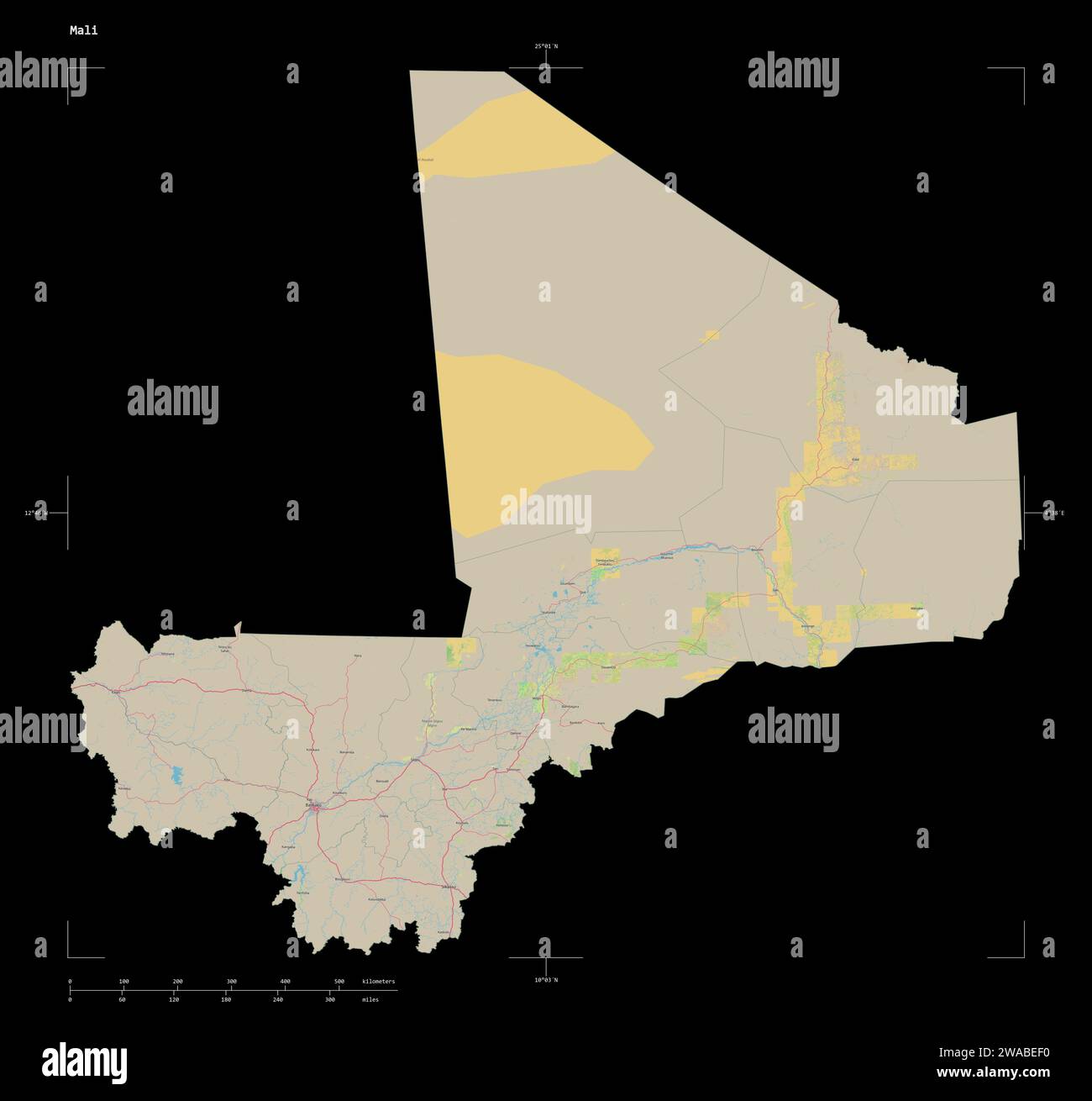 Shape of a topographic, OSM Germany style map of the Mali, with ...