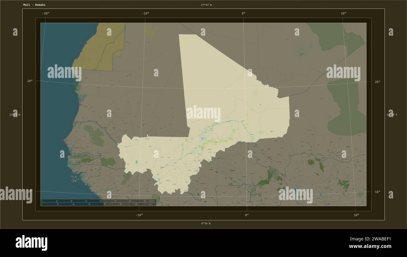 Mali highlighted on a topographic, OSM Humanitarian style map map with ...