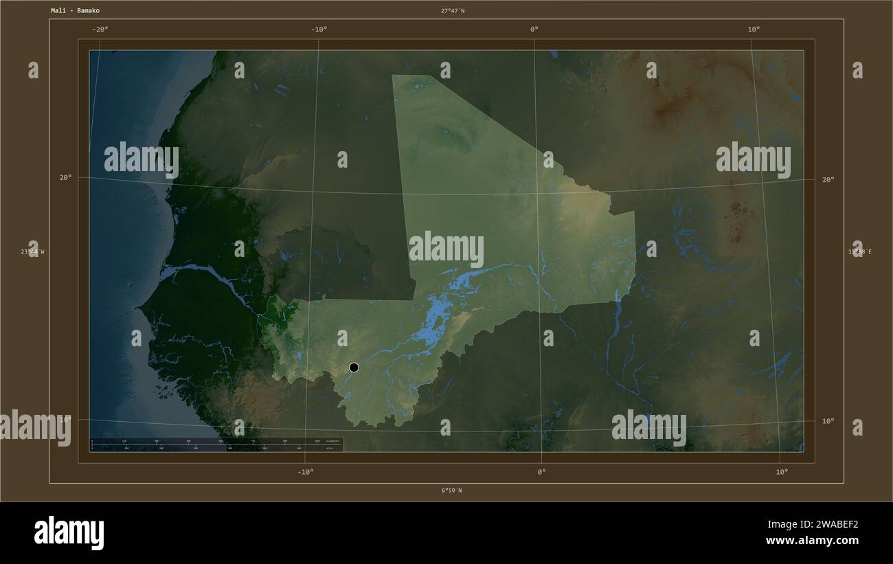 Mali highlighted on a Colored elevation map with lakes and rivers map ...