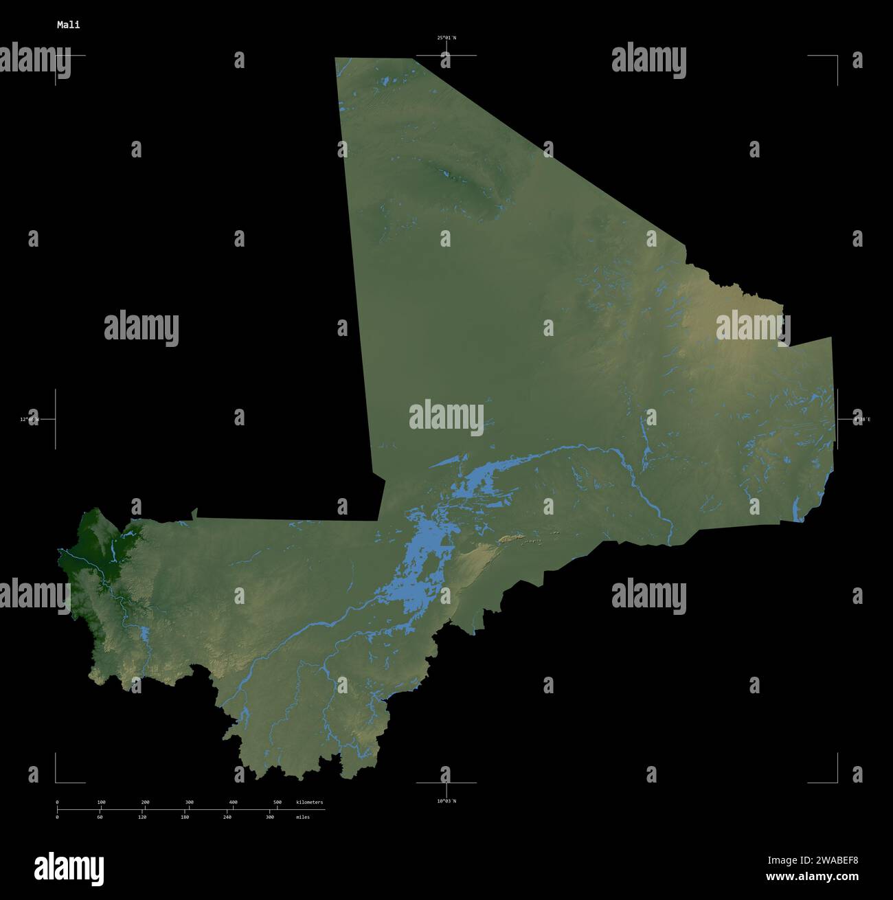 Shape of a Colored elevation map with lakes and rivers of the Mali, with distance scale and map ...