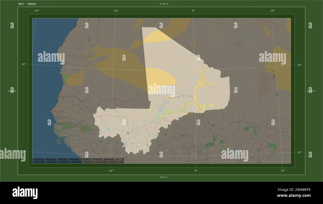 Mali highlighted on a topographic, OSM Germany style map map with the ...