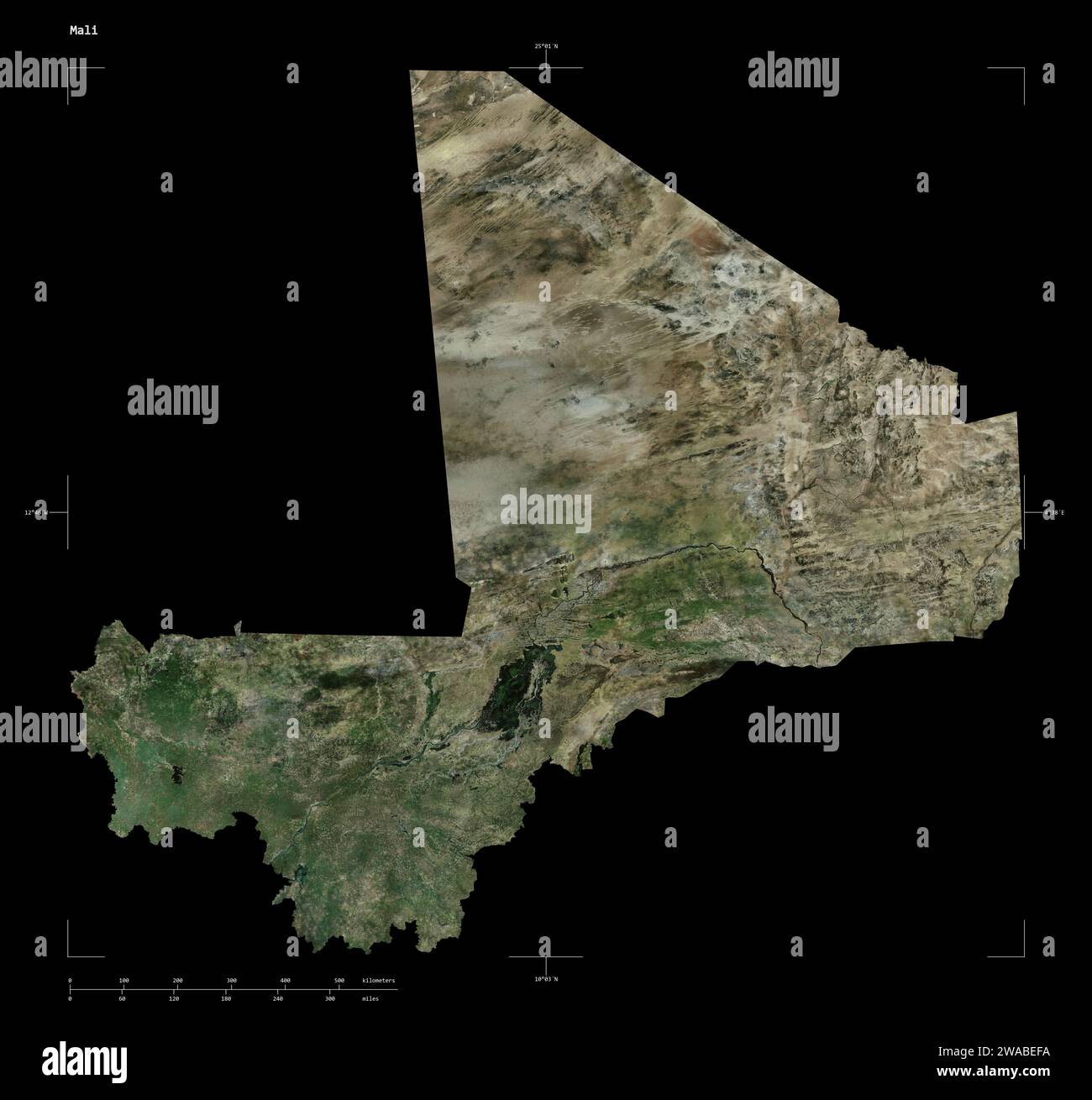Shape of a high resolution satellite map of the Mali, with distance ...