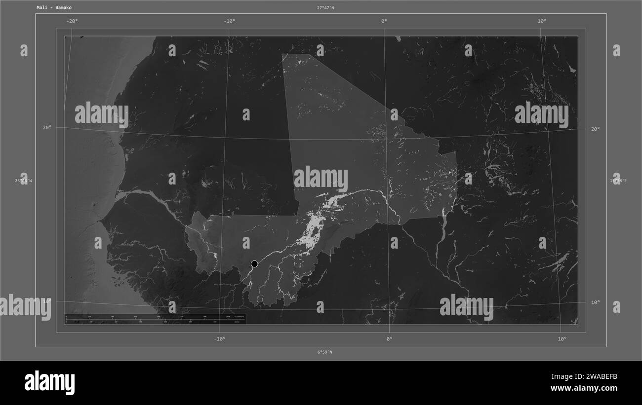 Mali highlighted on a Grayscale elevation map with lakes and rivers map ...