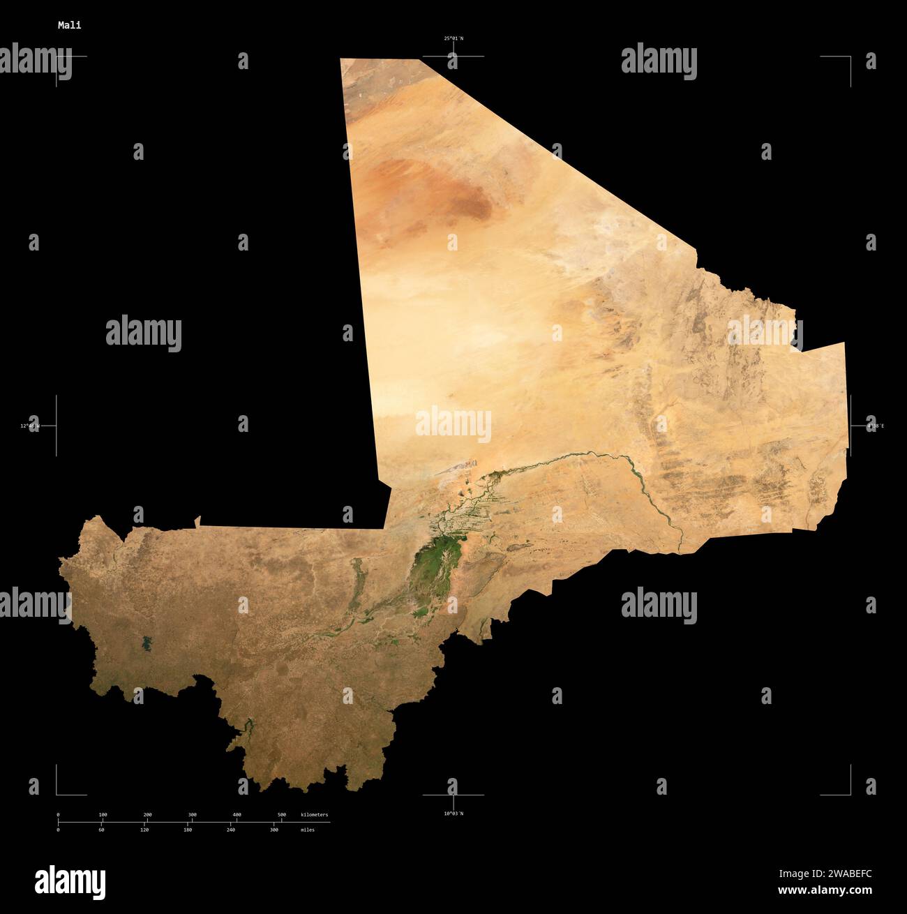 Shape of a low resolution satellite map of the Mali, with distance ...