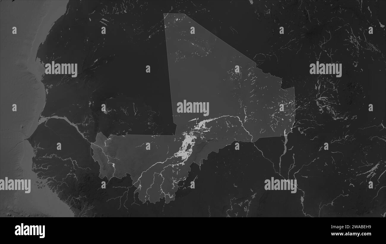 Mali highlighted on a Grayscale elevation map with lakes and rivers ...