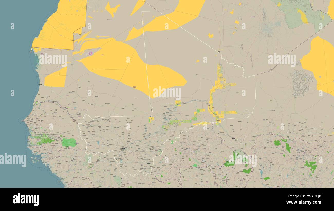 Mali outlined on a topographic, OSM France style map Stock Photo - Alamy