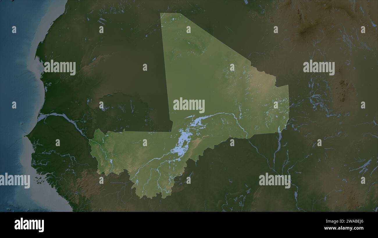Mali highlighted on a Pale colored elevation map with lakes and rivers ...