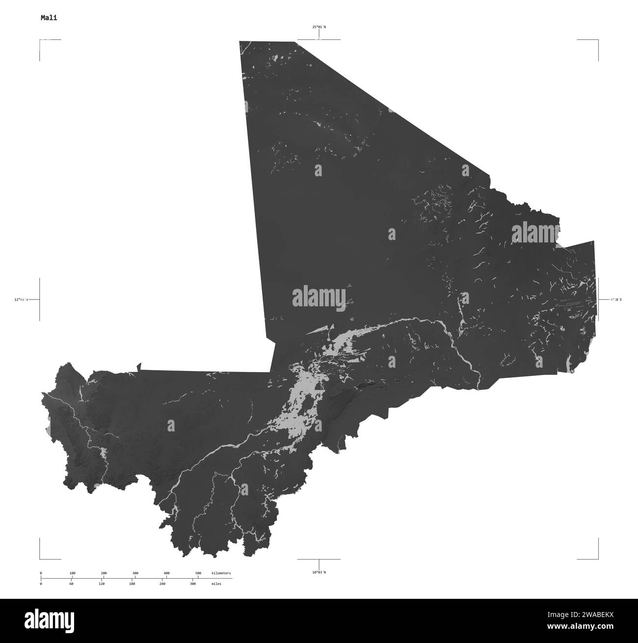 Shape of a Grayscale elevation map with lakes and rivers of the Mali ...
