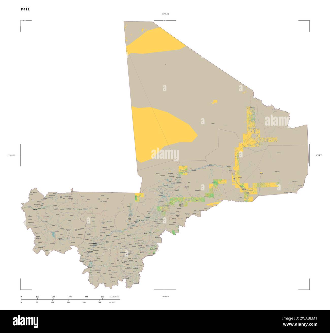 Shape of a topographic, OSM France style map of the Mali, with distance ...