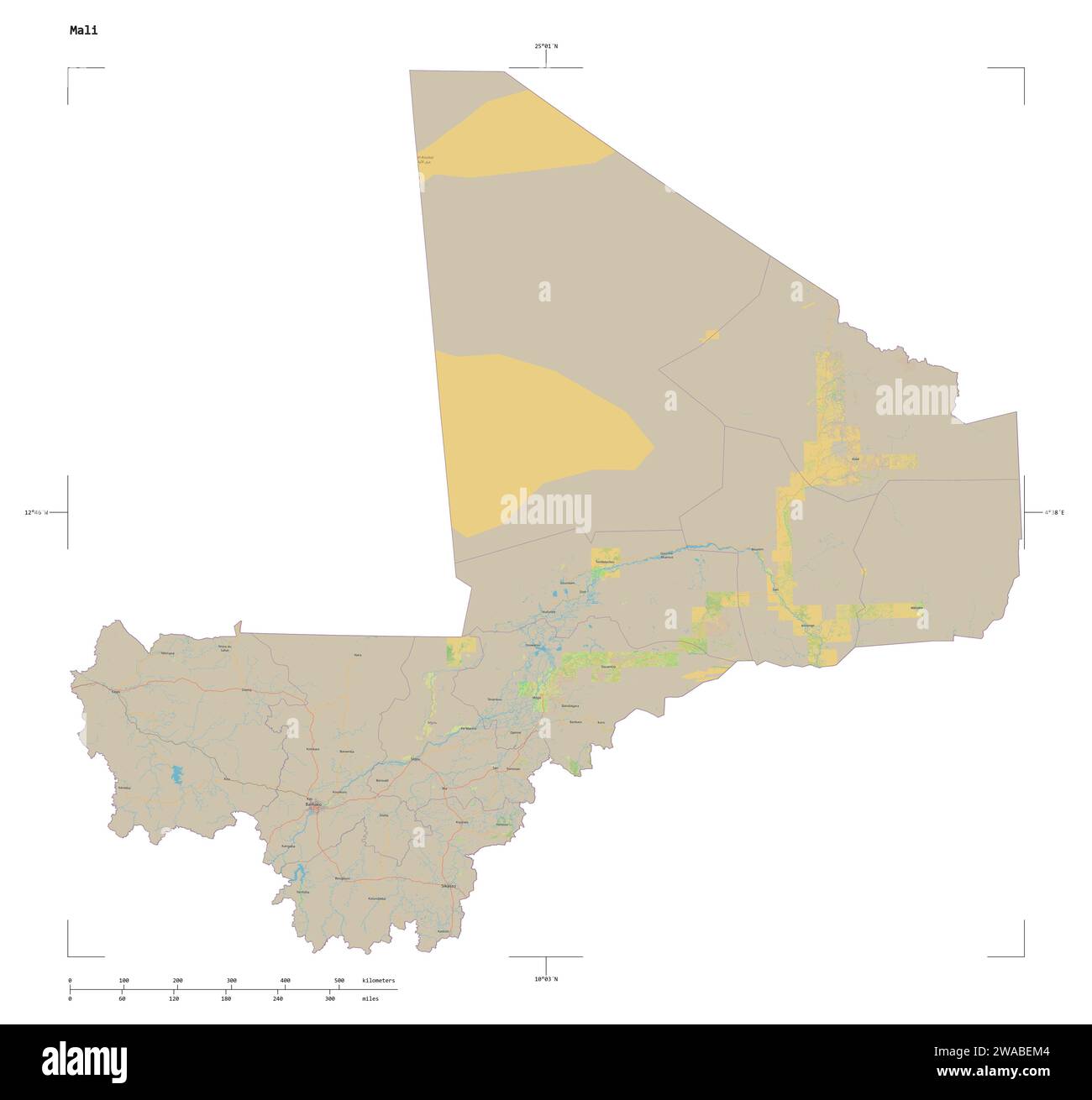 Shape of a topographic, OSM standard style map of the Mali, with ...