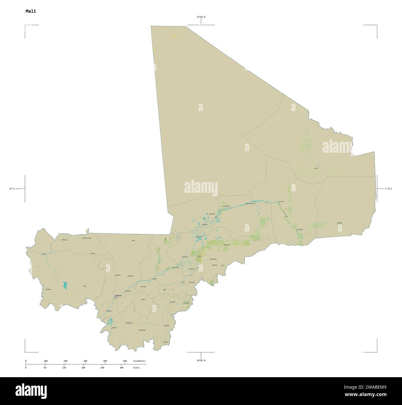 Shape of a topographic, OSM Humanitarian style map of the Mali, with ...