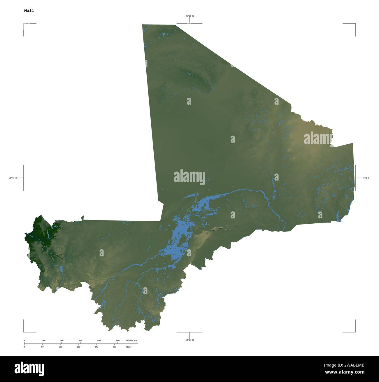 Shape of a Colored elevation map with lakes and rivers of the Mali ...
