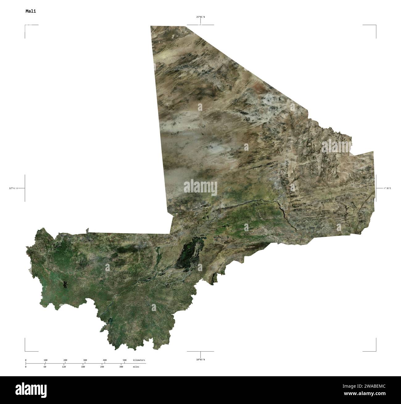 Shape of a high resolution satellite map of the Mali, with distance ...