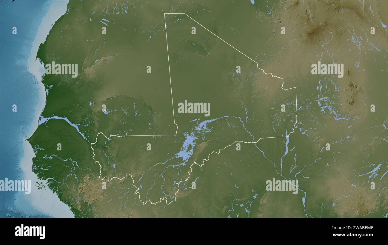 Mali outlined on a Pale colored elevation map with lakes and rivers Stock Photo - Alamy