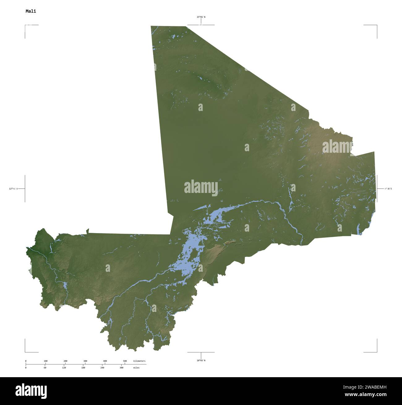Shape of a Pale colored elevation map with lakes and rivers of the Mali ...