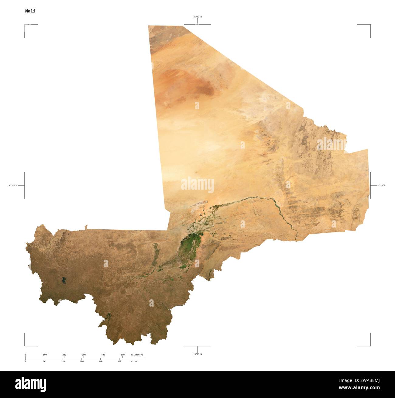 Shape of a low resolution satellite map of the Mali, with distance scale and map border ...