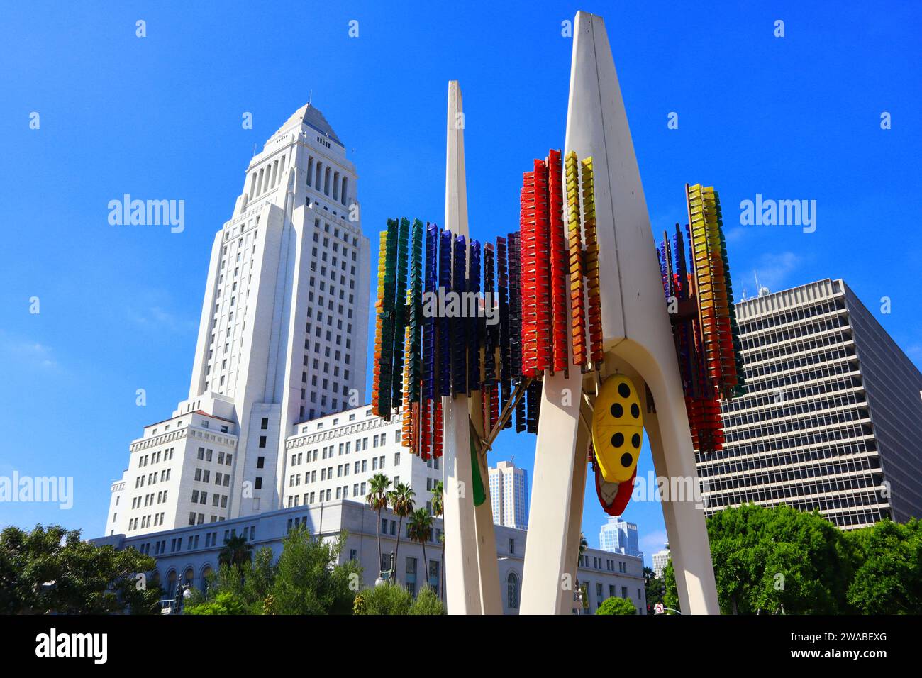 Los Angeles, California: view of Los Angeles City Hall and Public Art ...