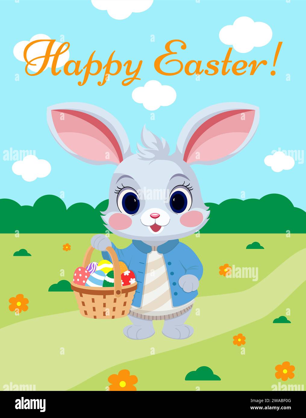 Vector illustration. Cute cartoon bunny with a basket of Easter eggs on ...