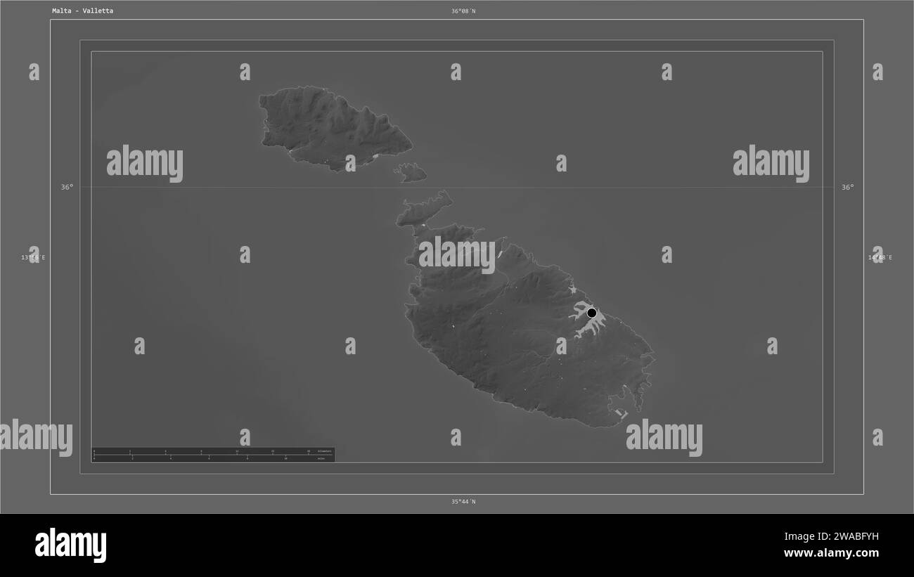 Malta highlighted on a Grayscale elevation map with lakes and rivers ...