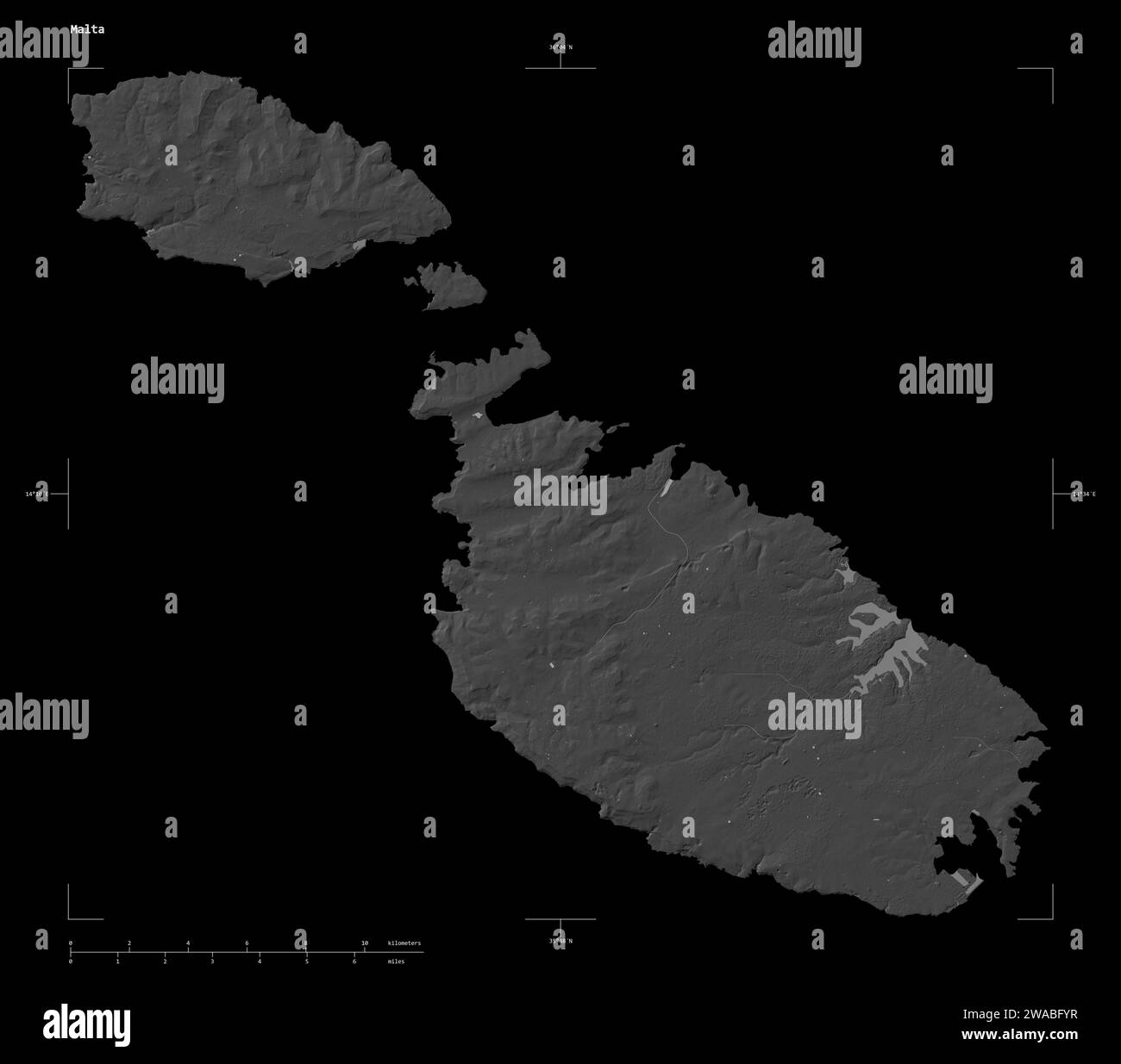 Shape of a Bilevel elevation map with lakes and rivers of the Malta ...