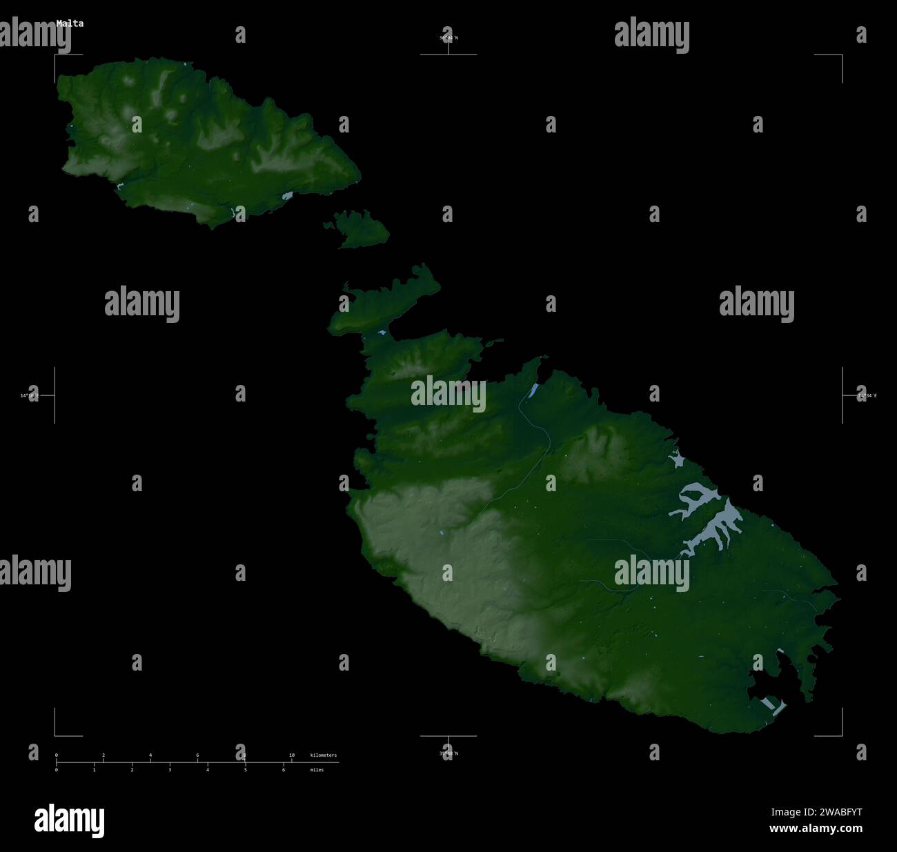 Shape of a Colored elevation map with lakes and rivers of the Malta, with distance scale and map ...