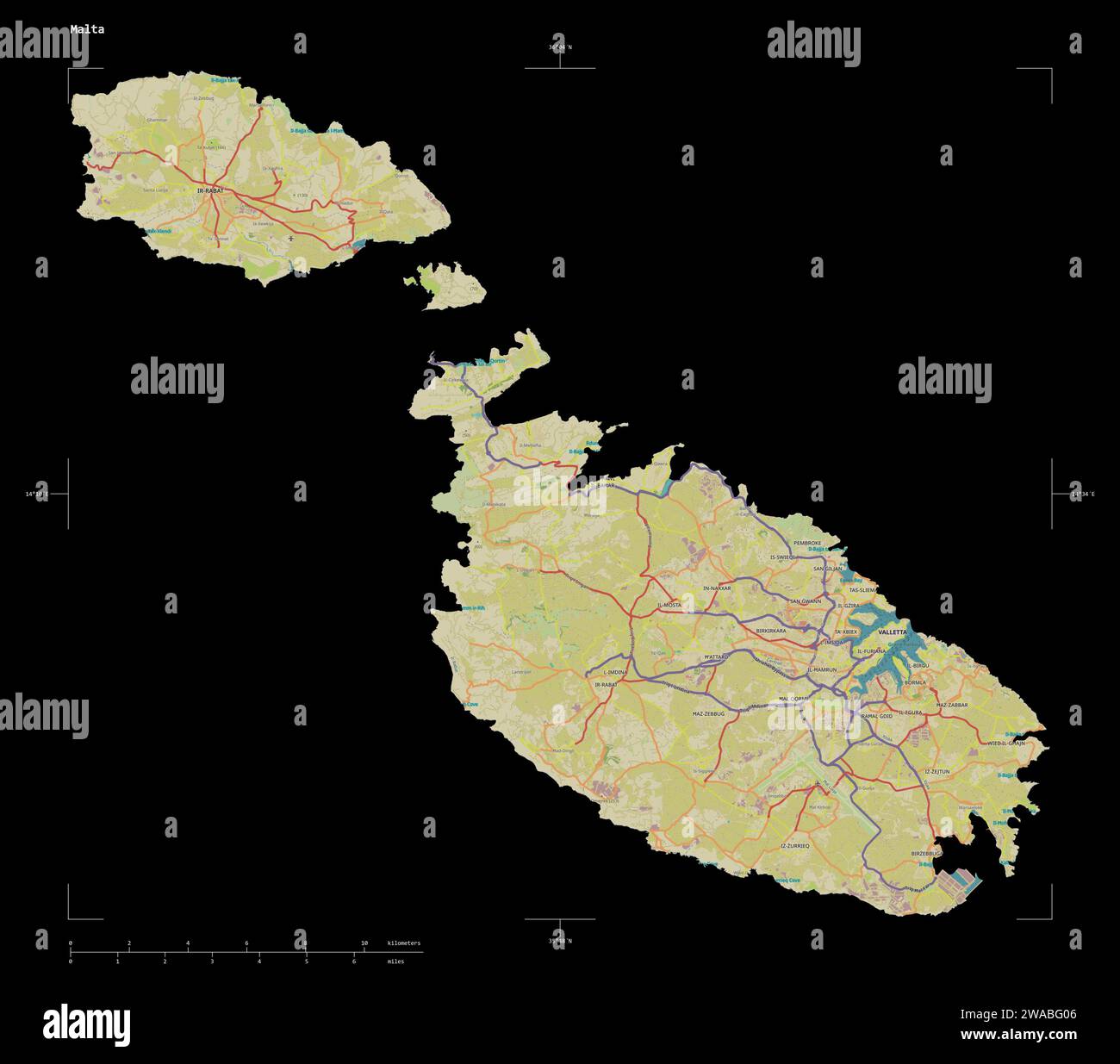 Shape of a topographic, OSM Humanitarian style map of the Malta, with ...