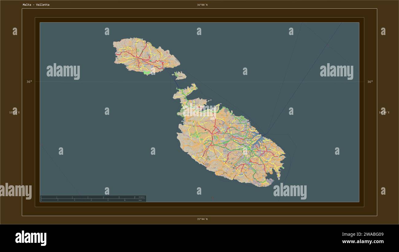 Malta highlighted on a topographic, OSM France style map map with the ...