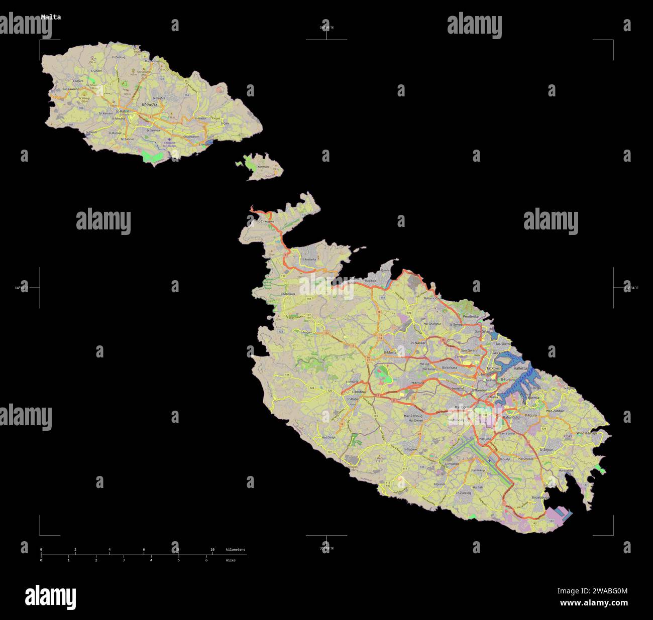Shape of a topographic, OSM standard style map of the Malta, with distance scale and map border ...