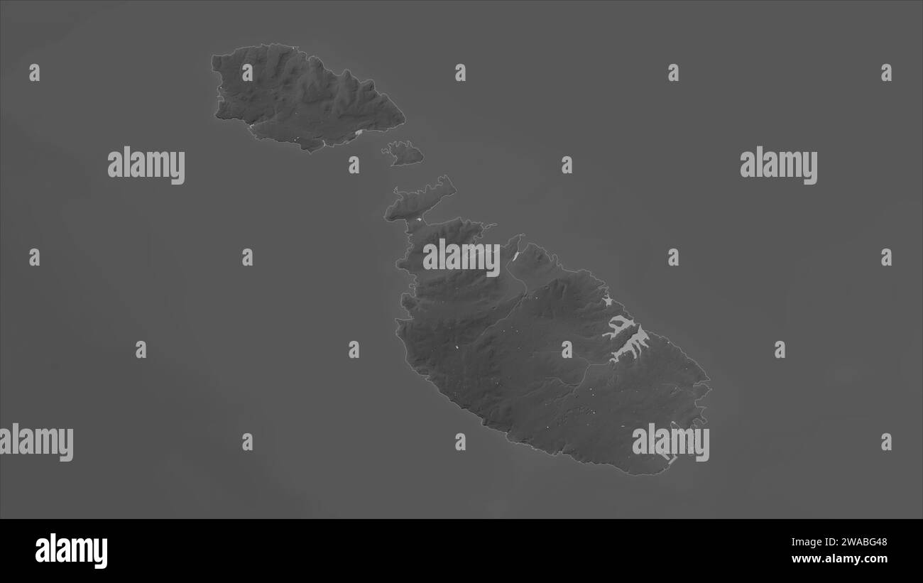 Malta highlighted on a Grayscale elevation map with lakes and rivers ...
