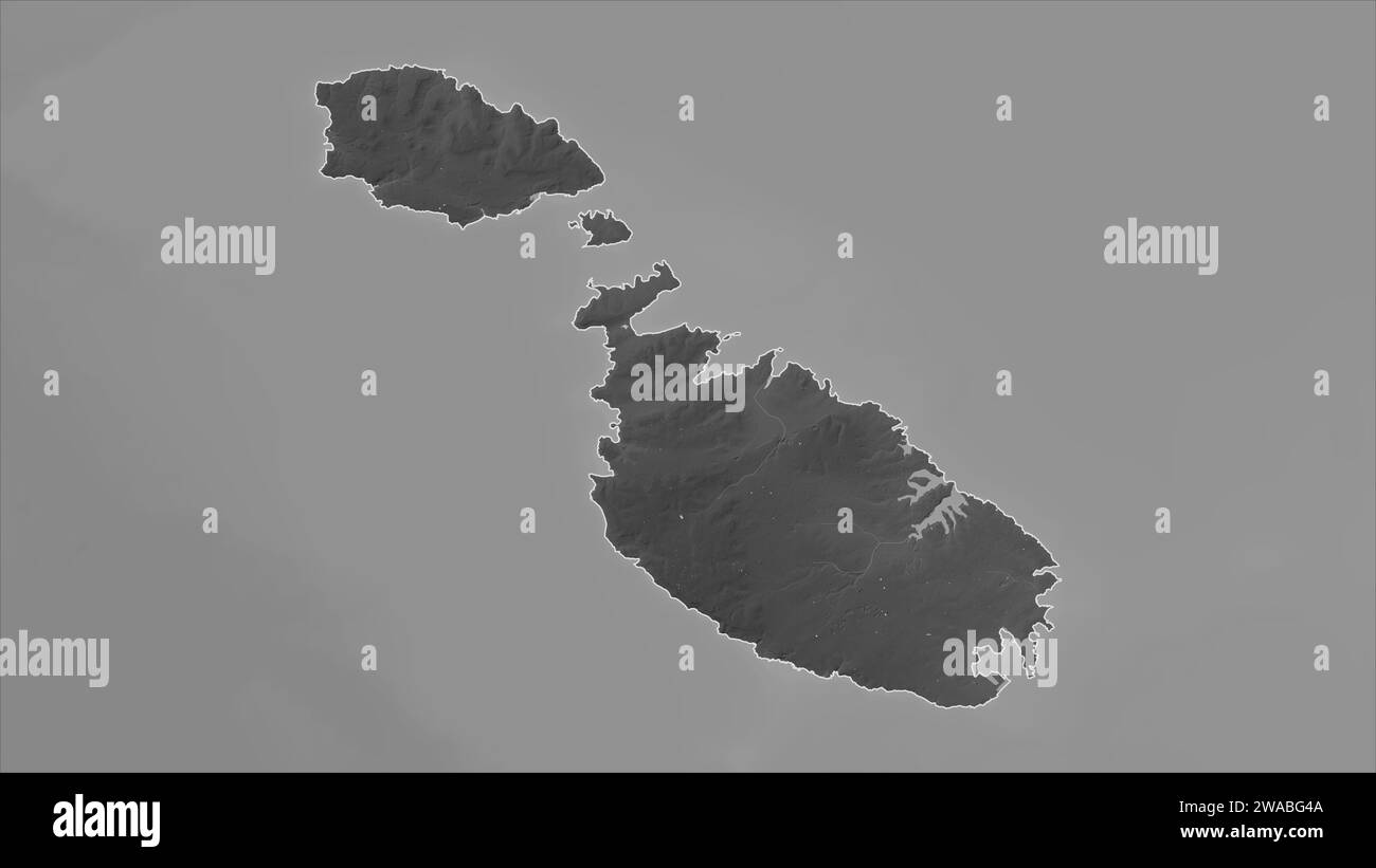 Malta outlined on a Grayscale elevation map with lakes and rivers Stock ...