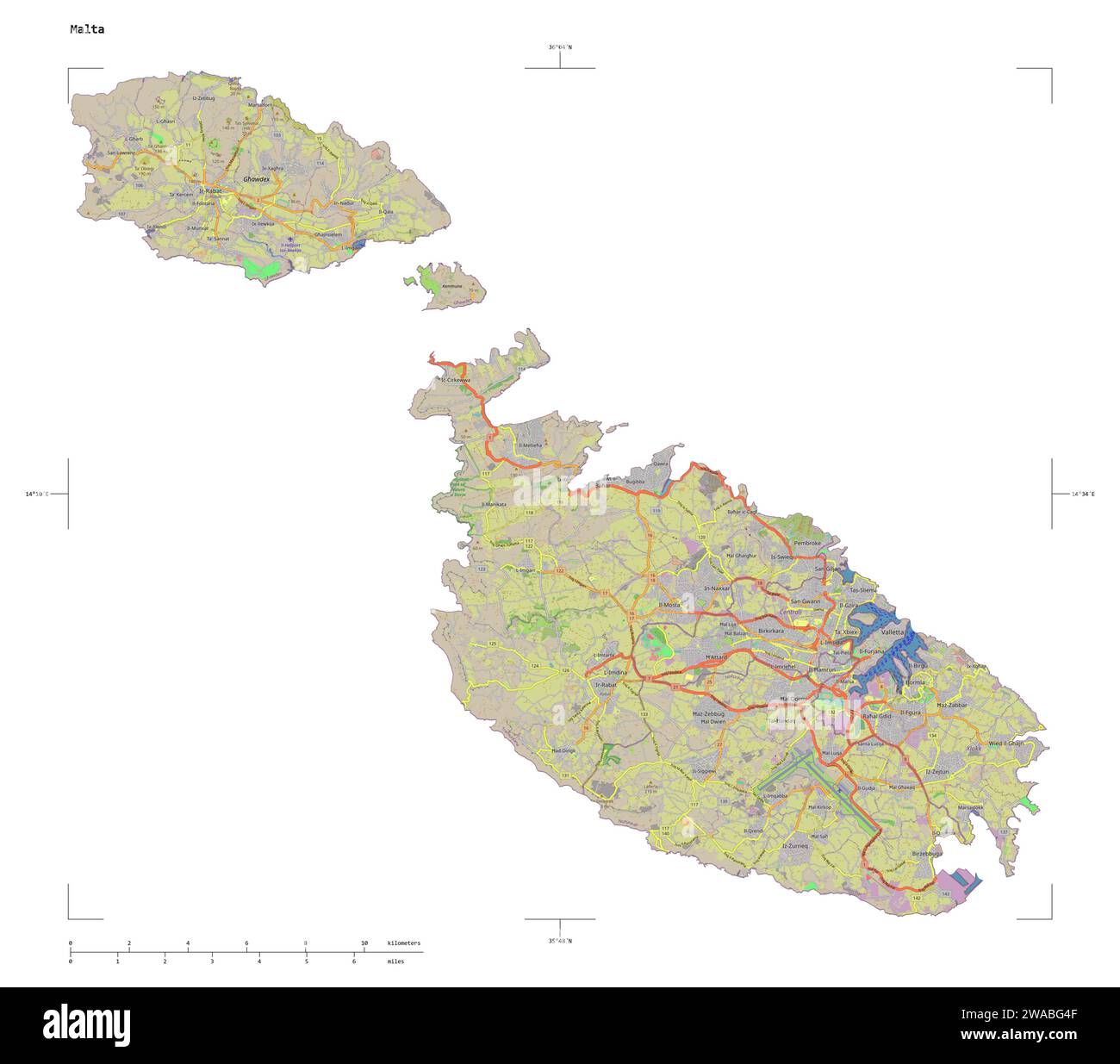 Shape of a topographic, OSM standard style map of the Malta, with distance scale and map border ...