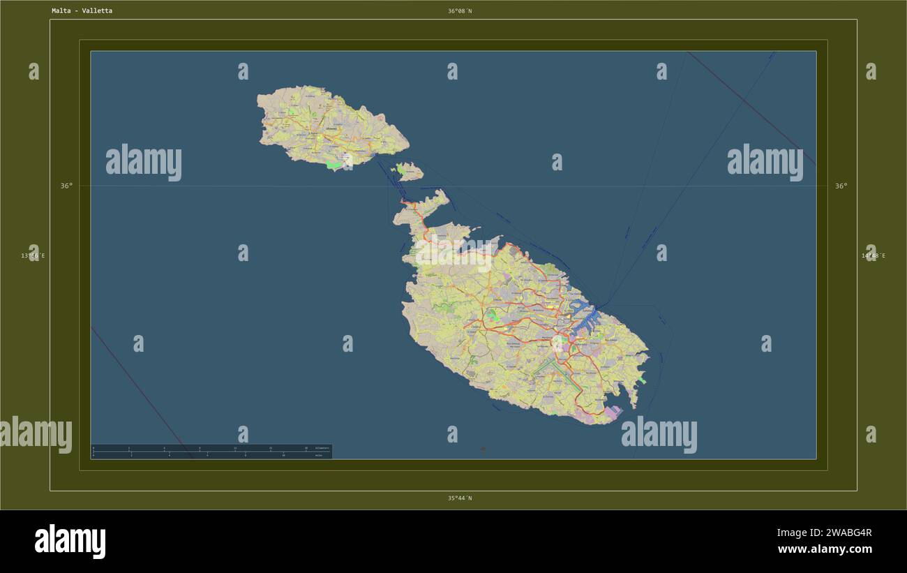 Malta highlighted on a topographic, OSM standard style map map with the country's capital point ...