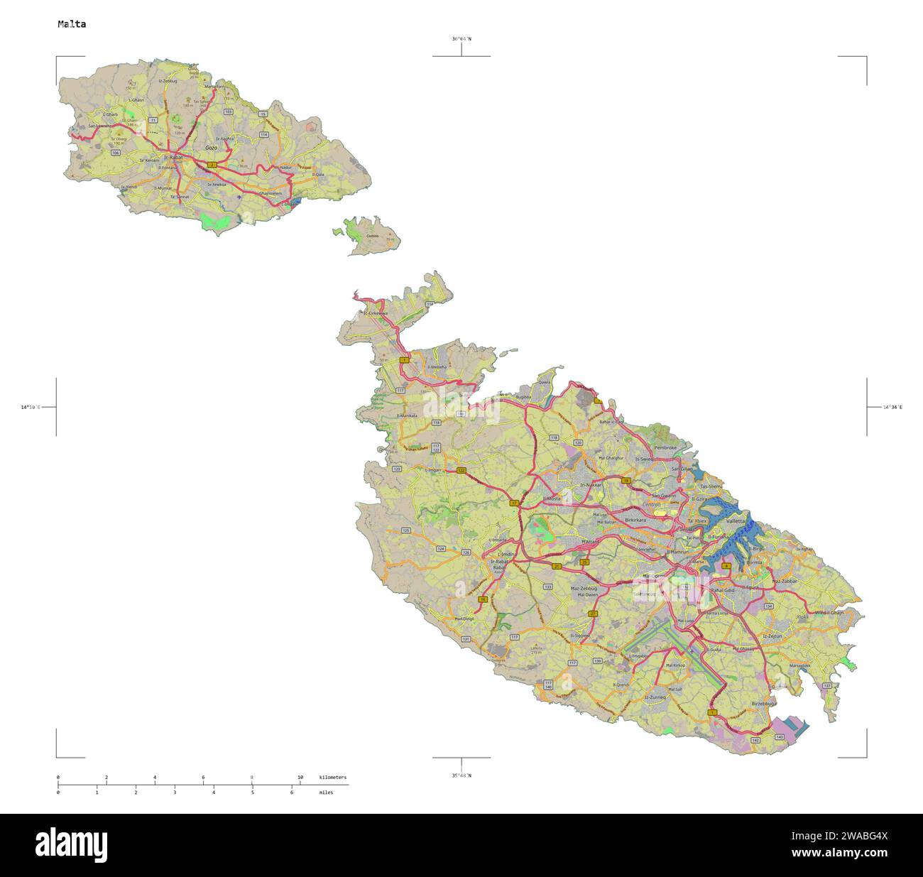 Shape of a topographic, OSM Germany style map of the Malta, with distance scale and map border ...