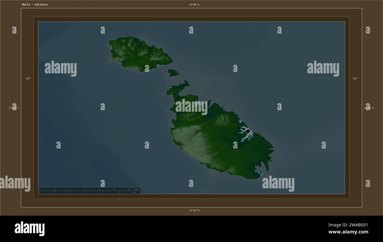 Malta highlighted on a Colored elevation map with lakes and rivers map ...