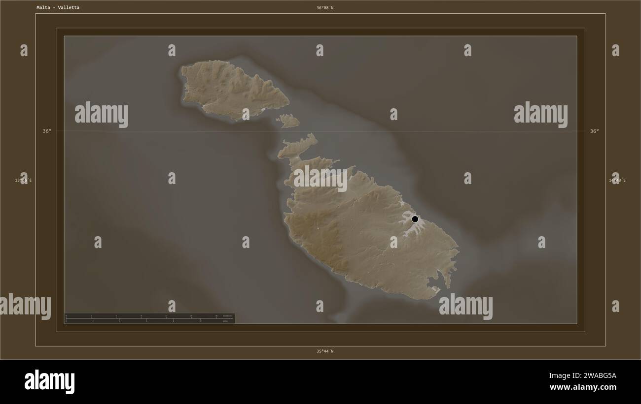 Malta highlighted on a elevation map colored in sepia tones with lakes ...
