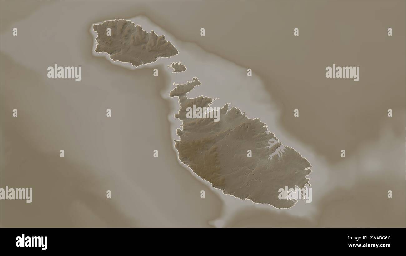 Malta outlined on a elevation map colored in sepia tones with lakes and ...