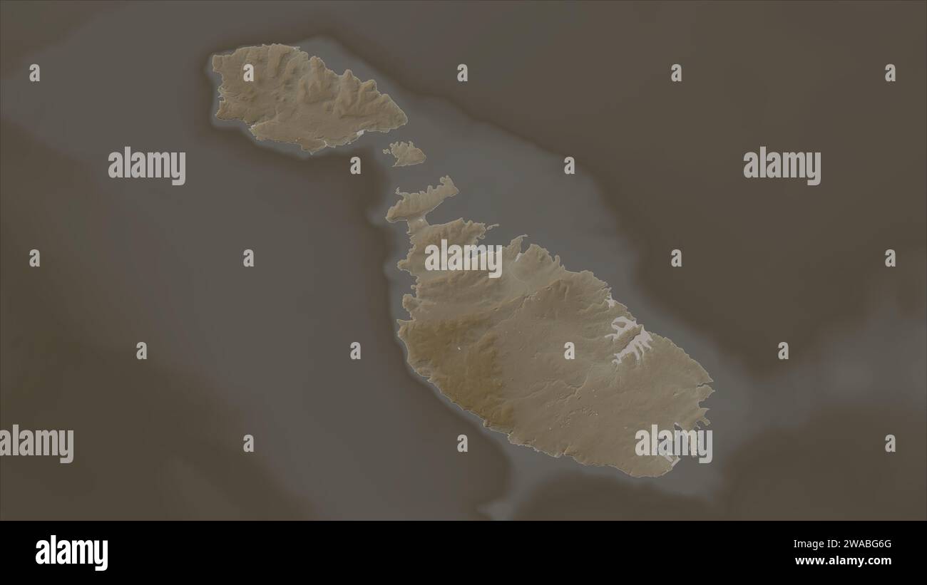 Malta highlighted on a elevation map colored in sepia tones with lakes ...
