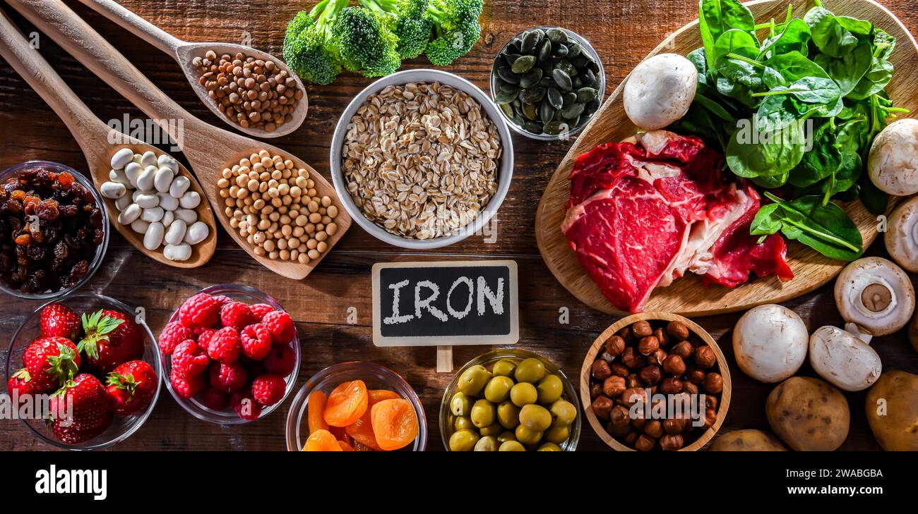 Composition with food products rich in iron Stock Photo - Alamy
