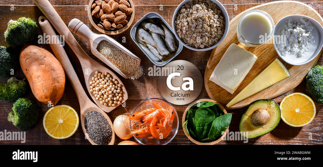 Composition with food products rich in calcium Stock Photo - Alamy
