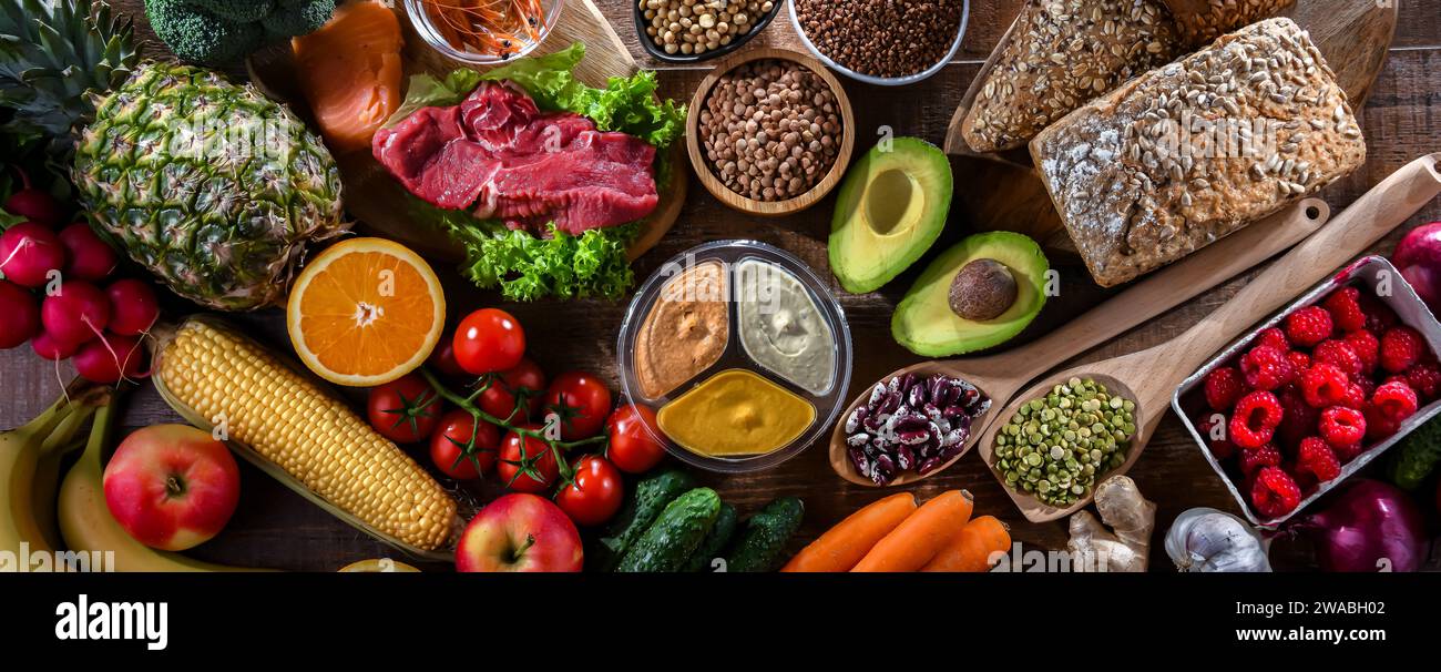A variety of food products representing balanced diet Stock Photo - Alamy