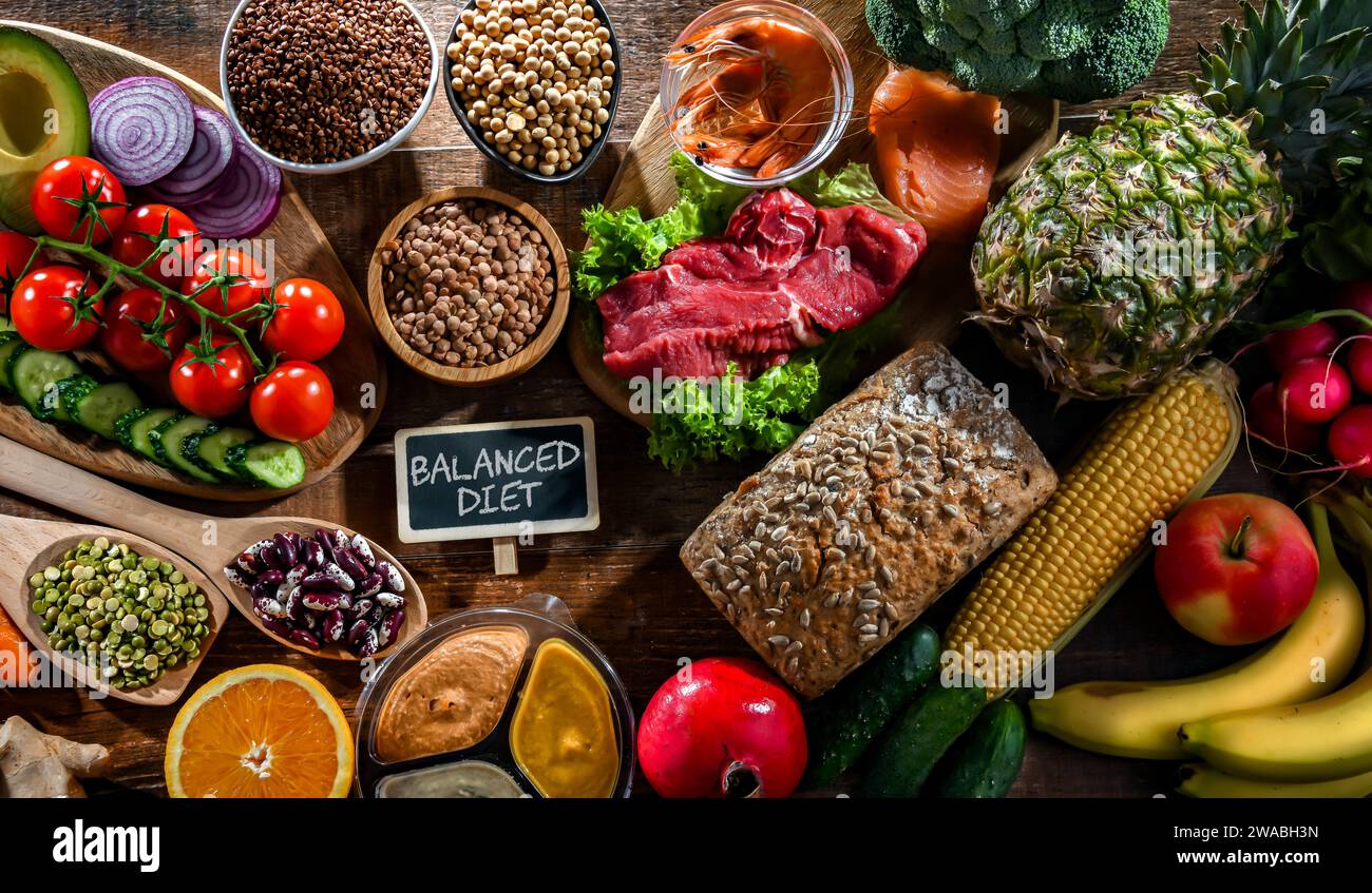 A variety of food products representing balanced diet Stock Photo - Alamy